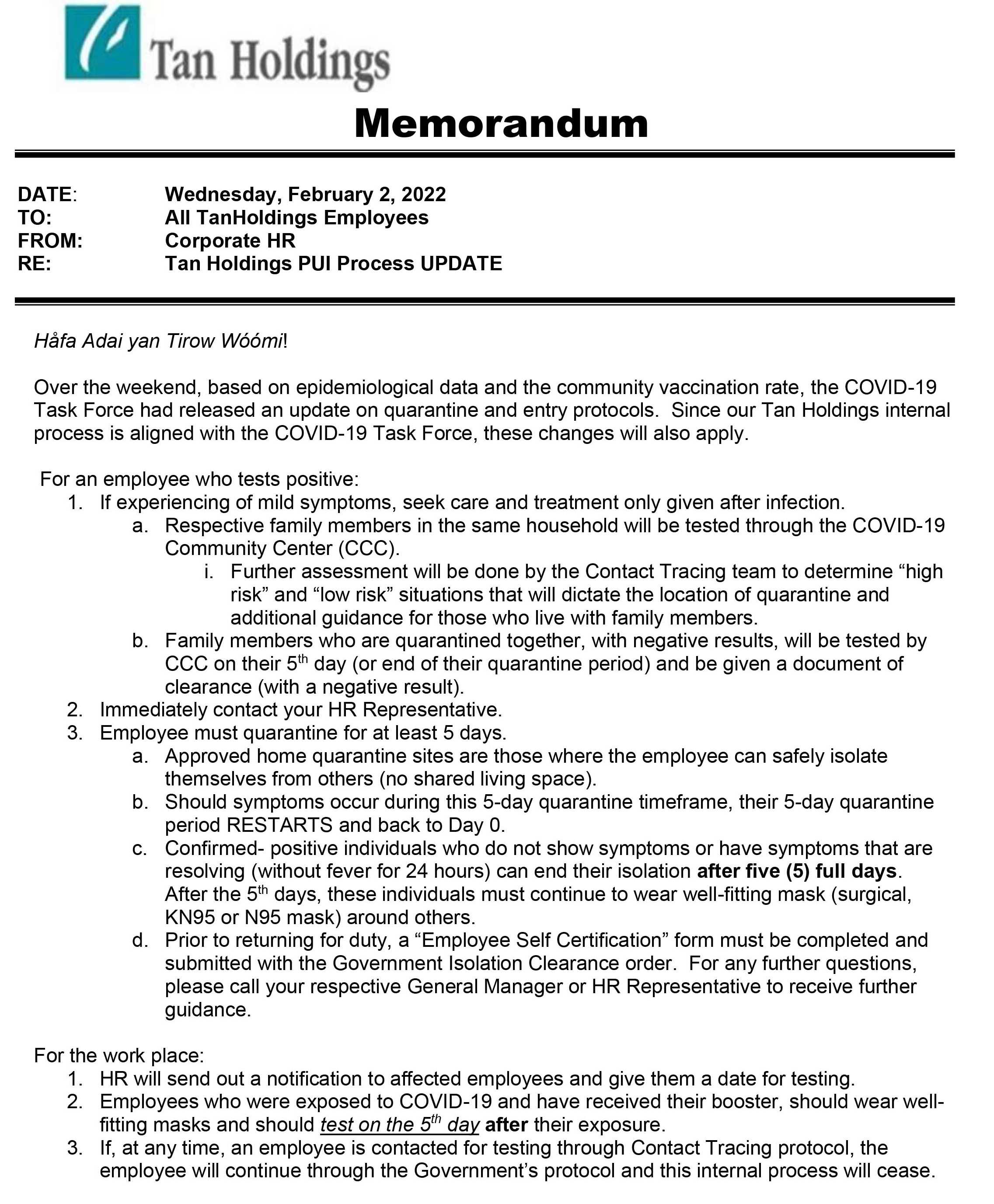 Tan Holdings PUI Process Update #StaySafe