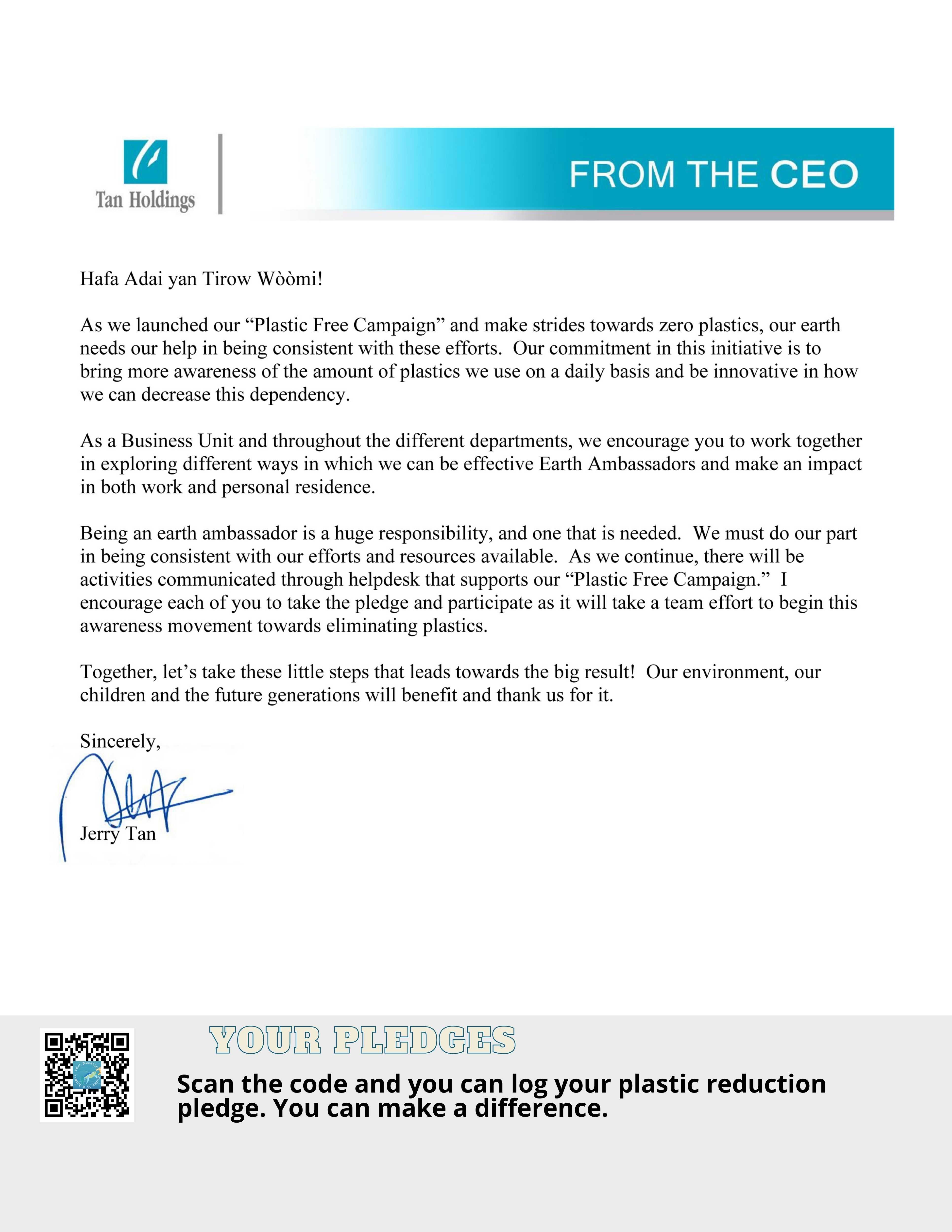 Message from the CEO - Plastic Free Campaign #P..