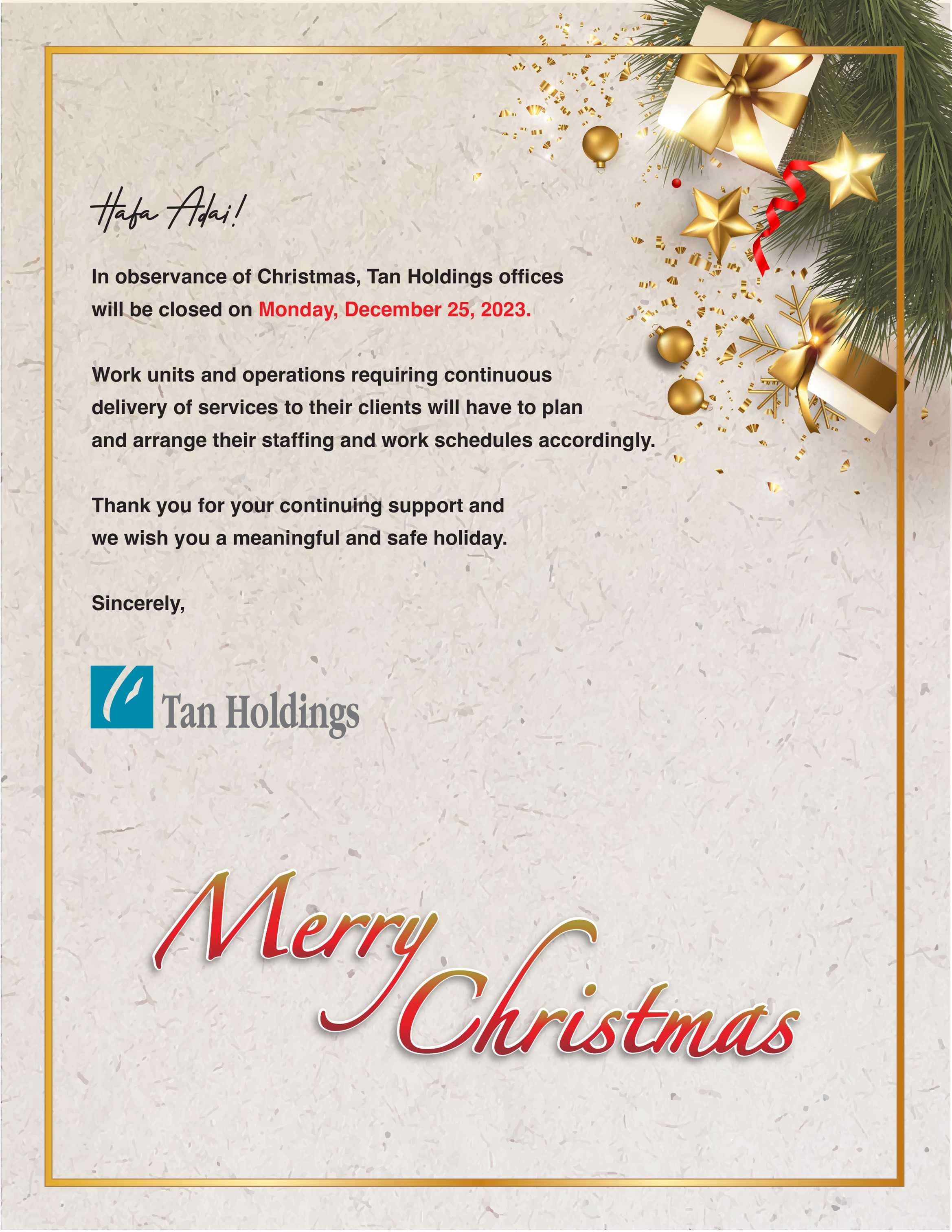 2023 Christmas Holiday Announcement