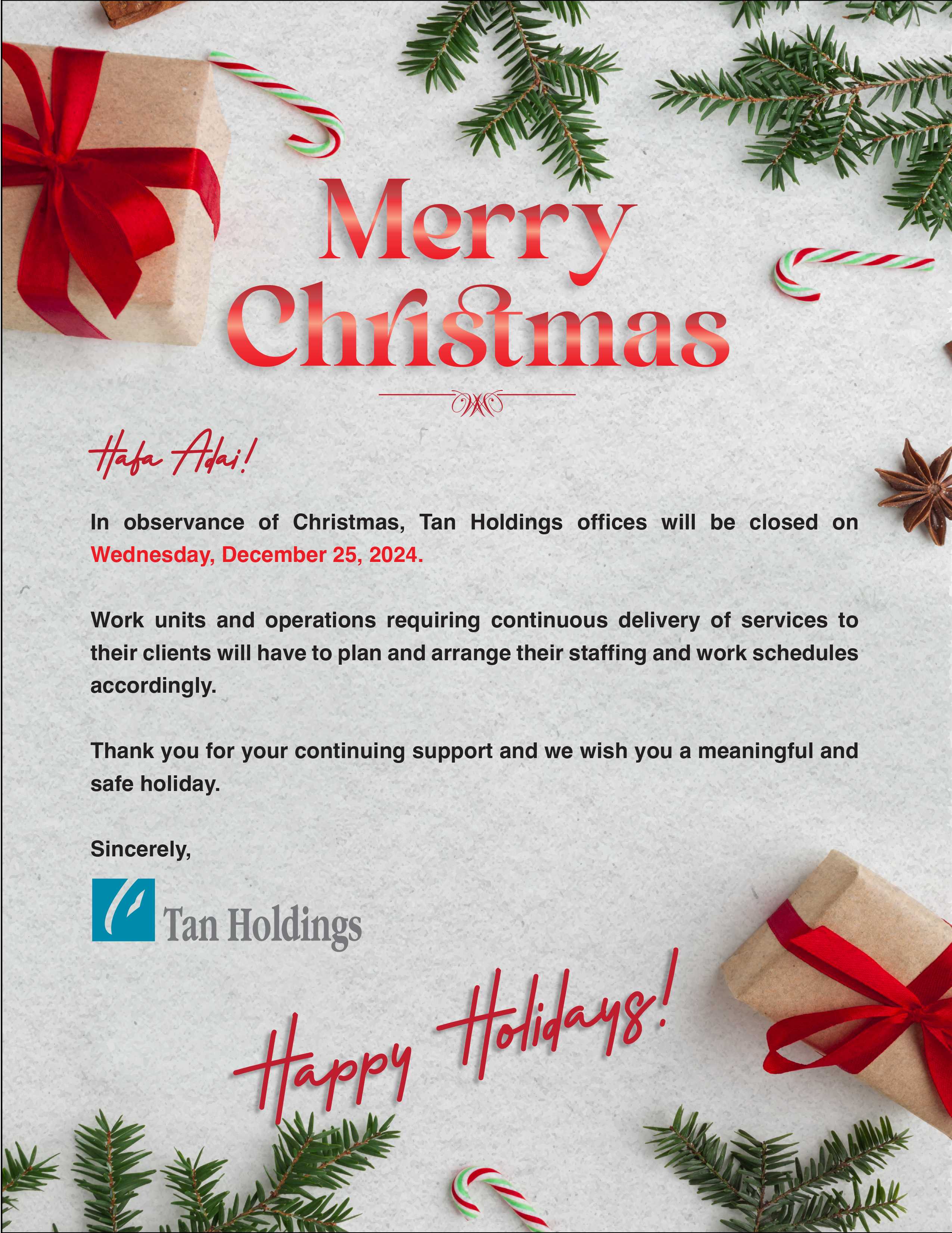 TanHoldings Christmas Holiday Notice